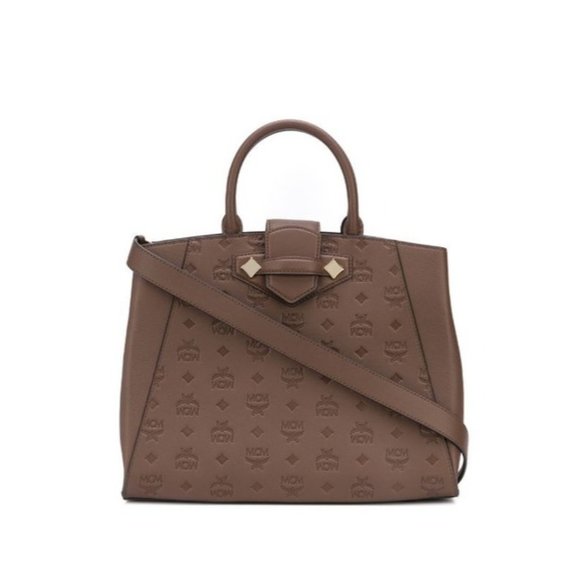 MCM | Bags | Mcm Top Handle Bag Essential Monogrammed Brown Leather ...